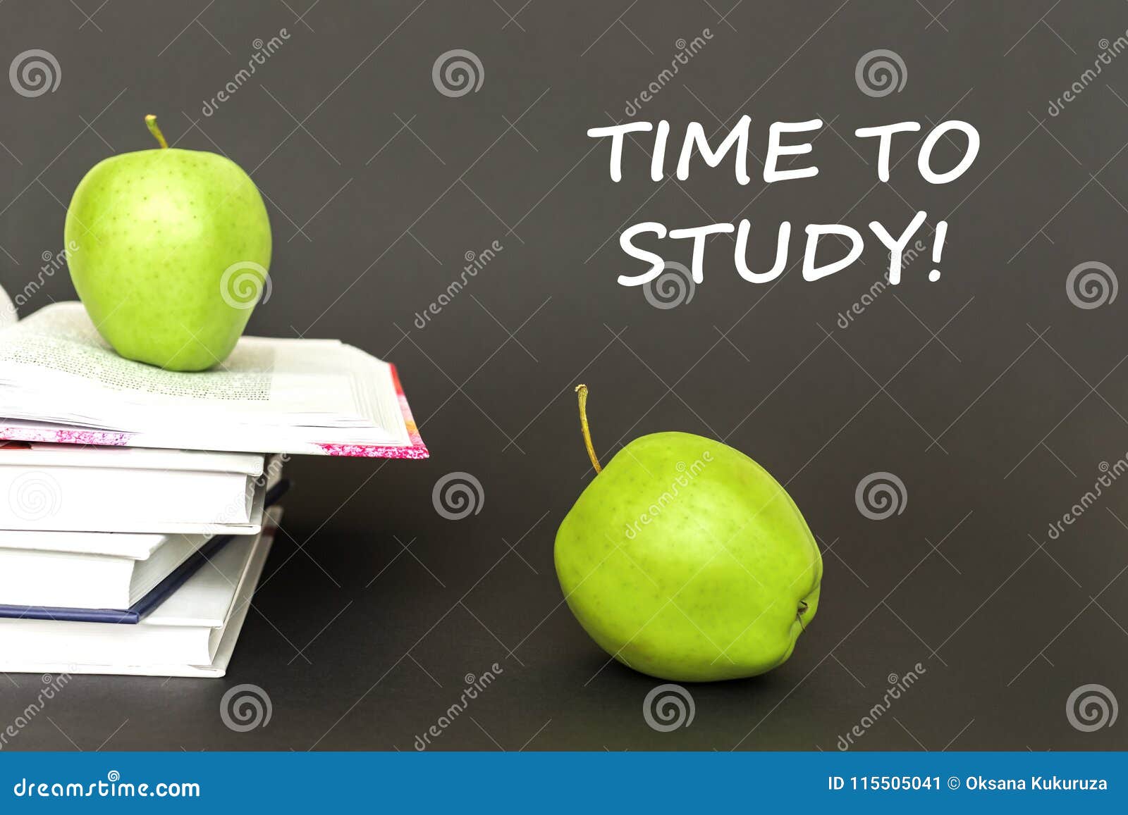 Text Time To Study, Two Green Apples, Open Books with Concept Stock ...