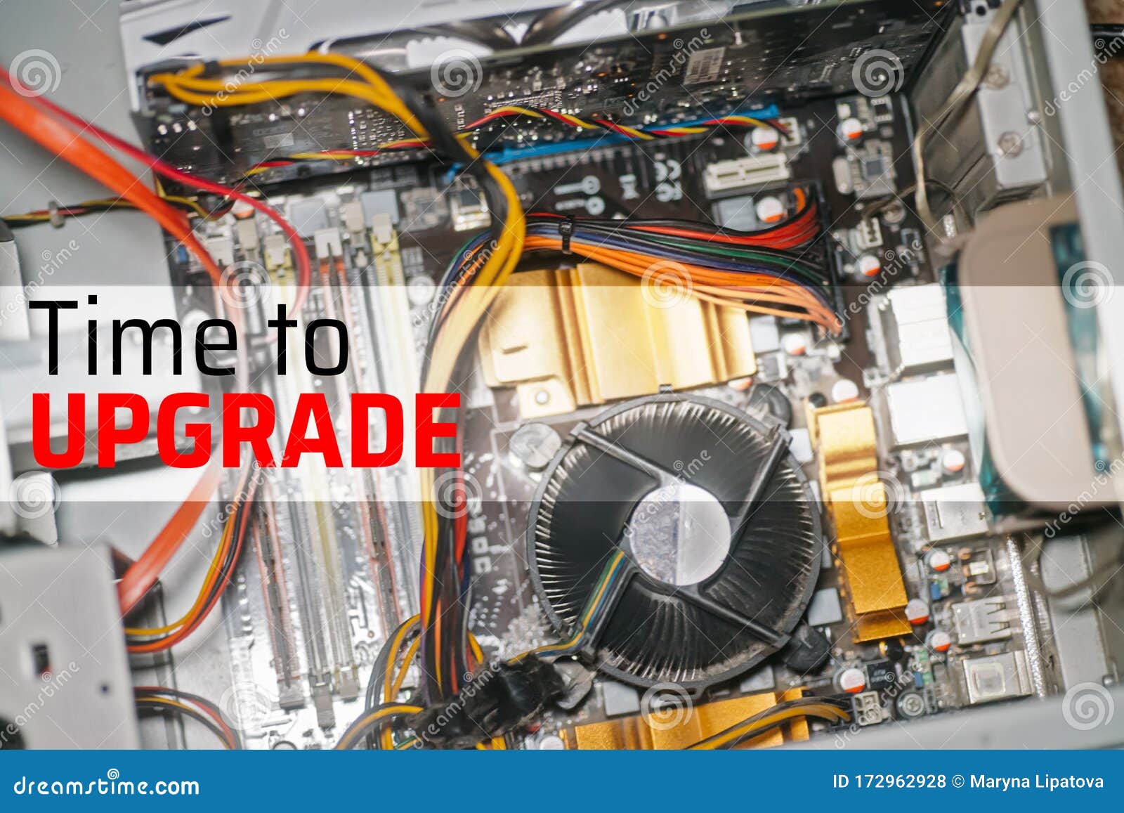Text TIME TO UPGRADE . Top View of Computer Parts with Harddisk, Ram ...