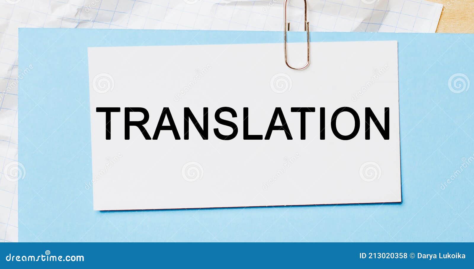 Text TRANSLATION on a White Card on a Blue Background. Business Concept ...