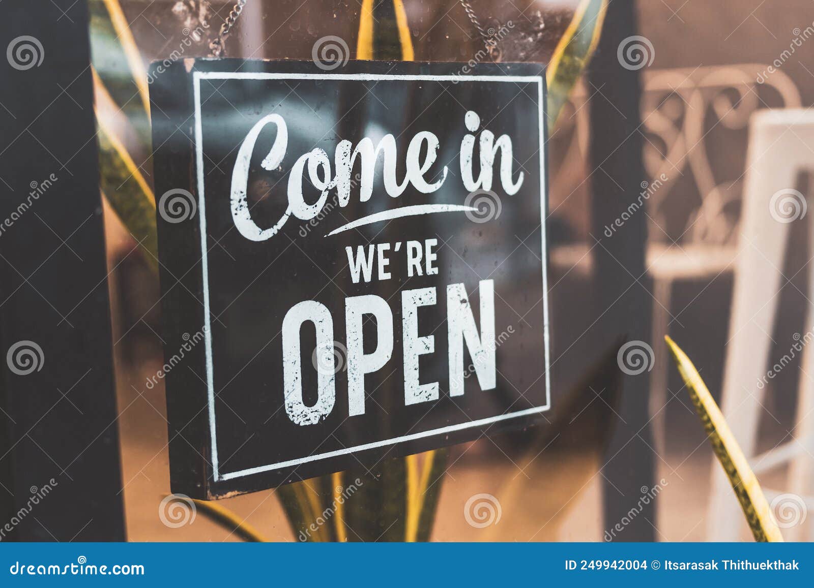 Text on Vintage Black Sign "Come in we Re Open" in Cafe Stock Photo ...