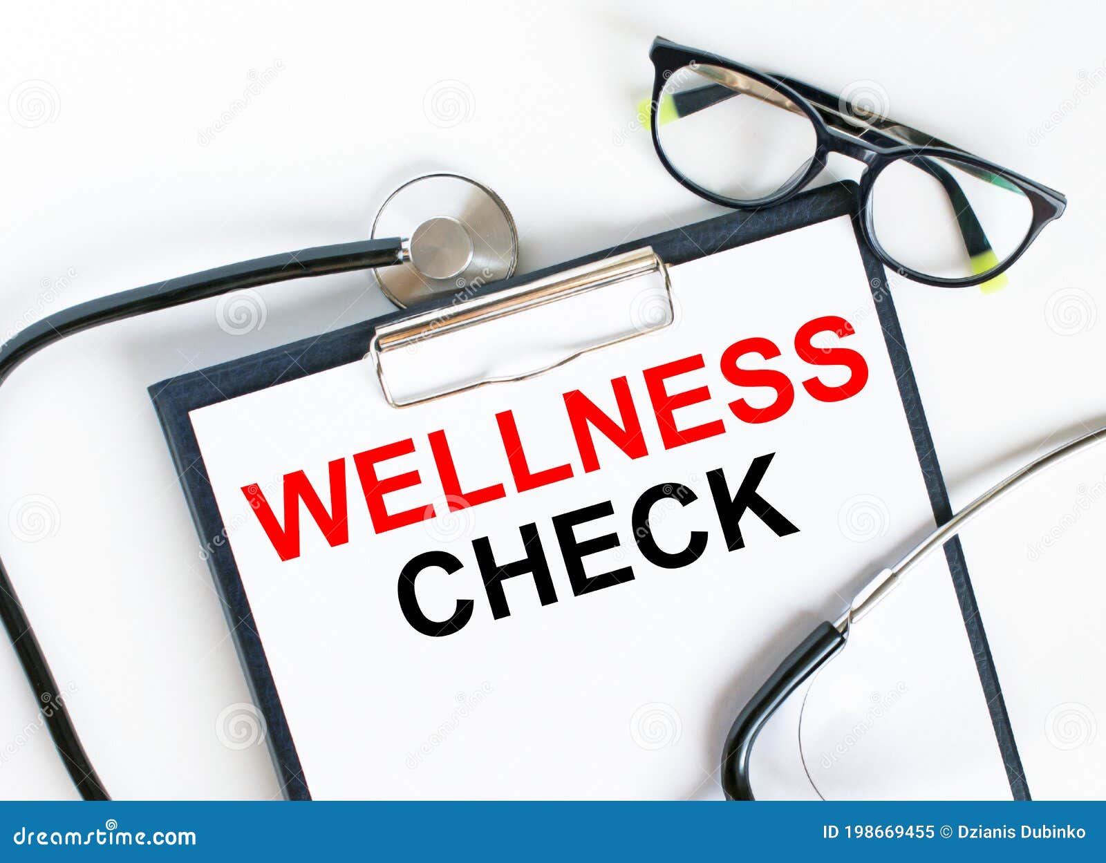 Text Wellness Check in the Folder with the Stethoscope and Glasses ...
