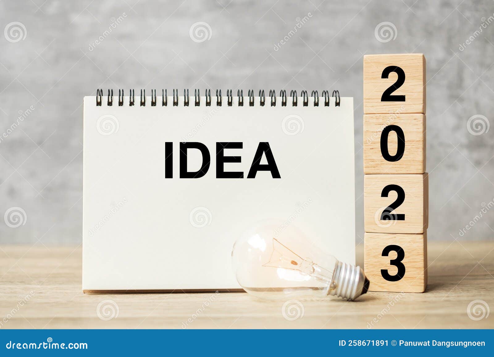 2023 Text Wood Cube Blocks and IDEAS Word with Lightbulb on Table. New ...