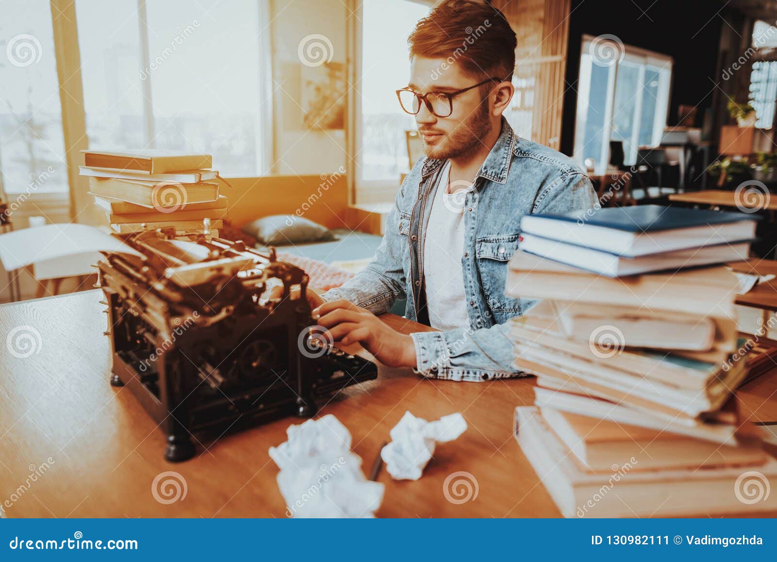 Text Writer Working on Typewriter Sits at Desk Stock Image - Image of ...