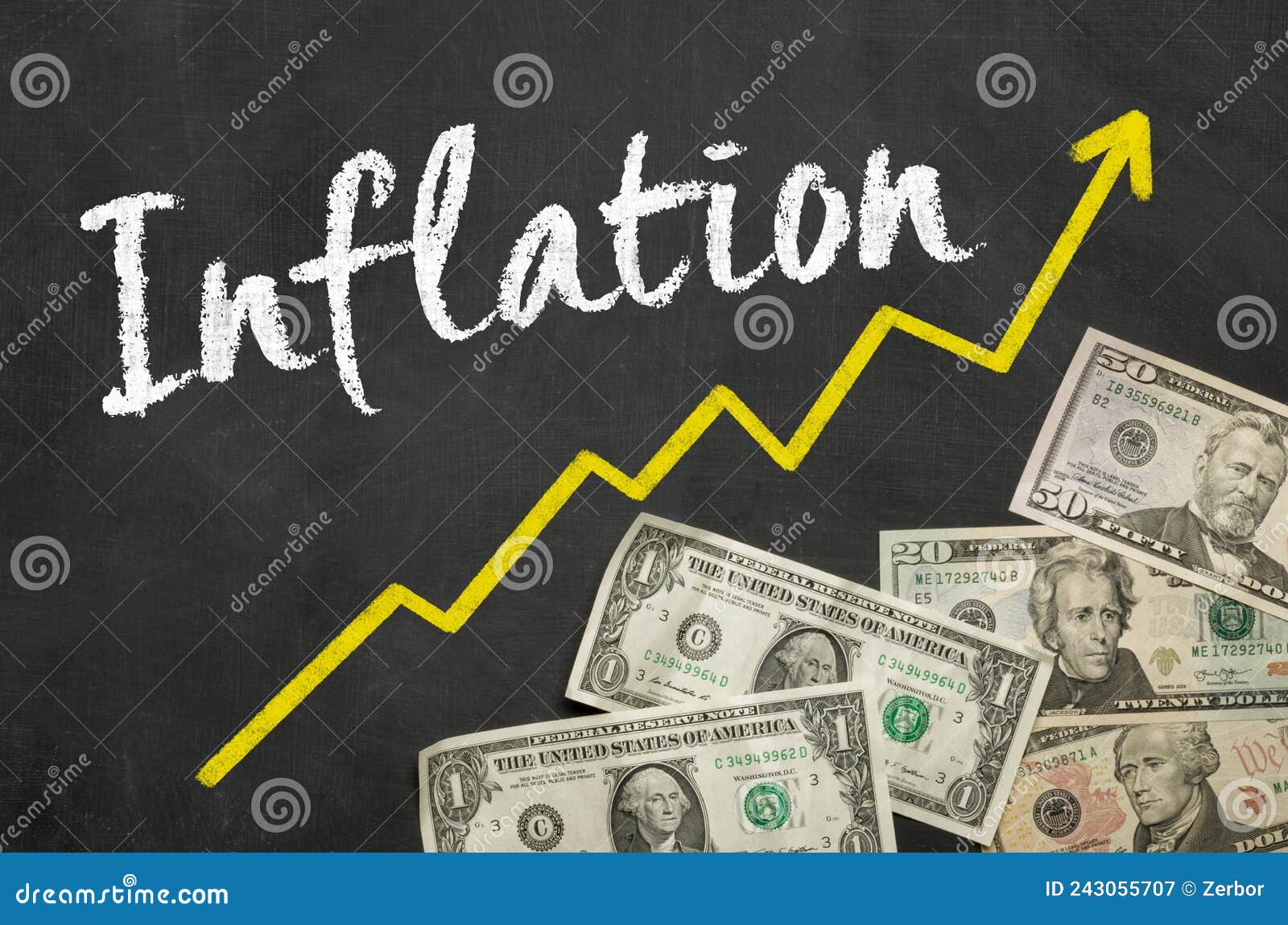 Texte Sur Tableau Noir Avec Inflation De Dollars Image stock - Image du ...