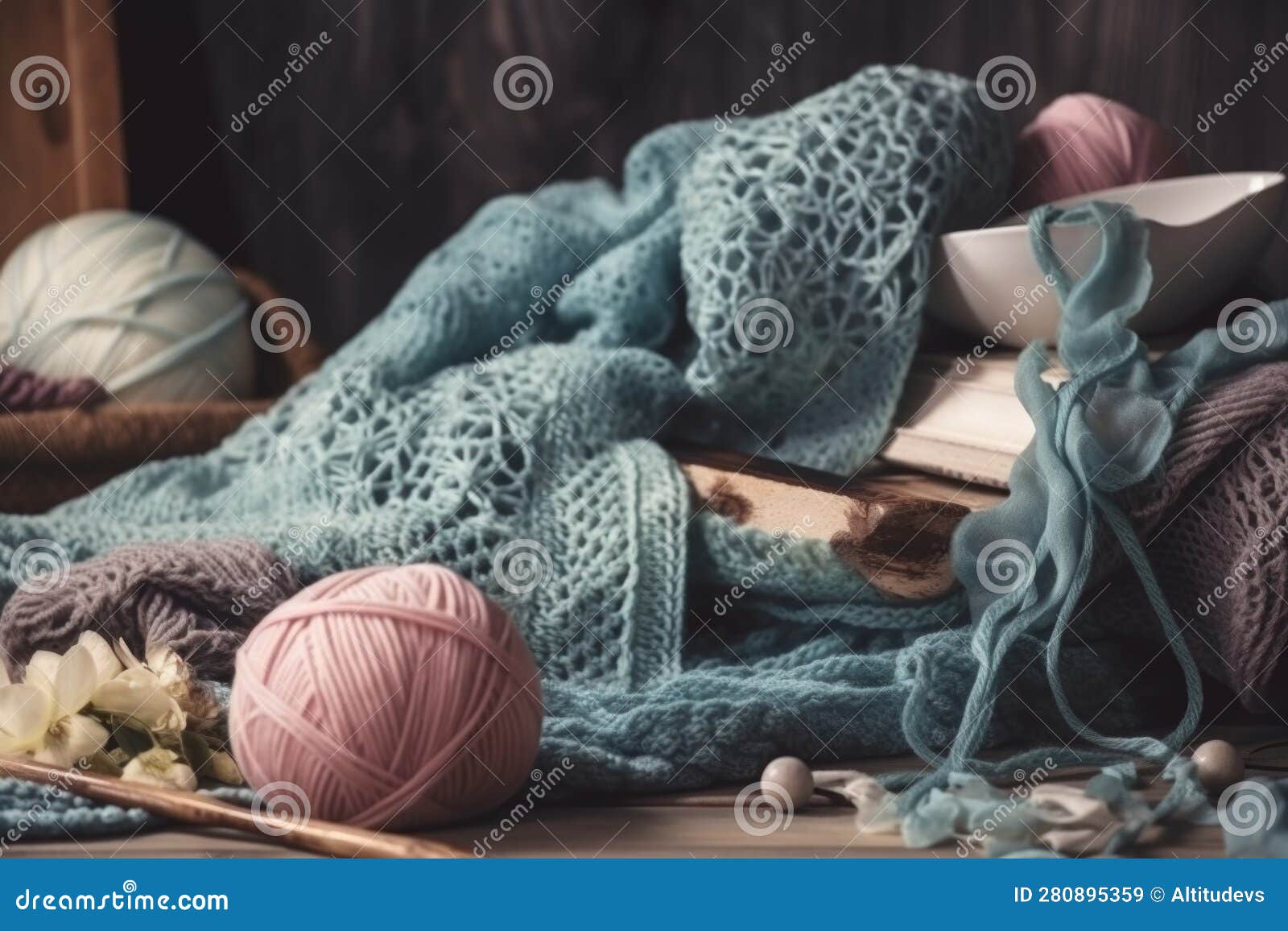 Textile Crafts Workshop, with Tools and Materials for Making Knitted or ...