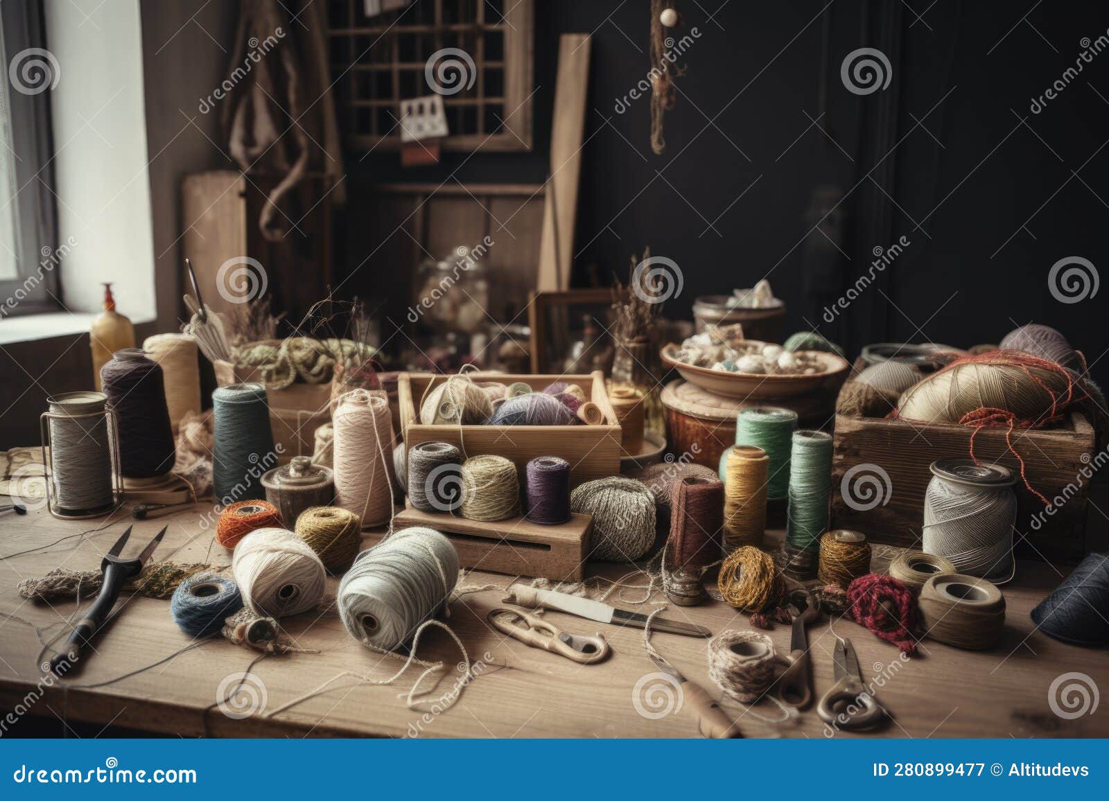 Textile Crafts Workshop, with Yarns and Tools Displayed on Wooden Table ...