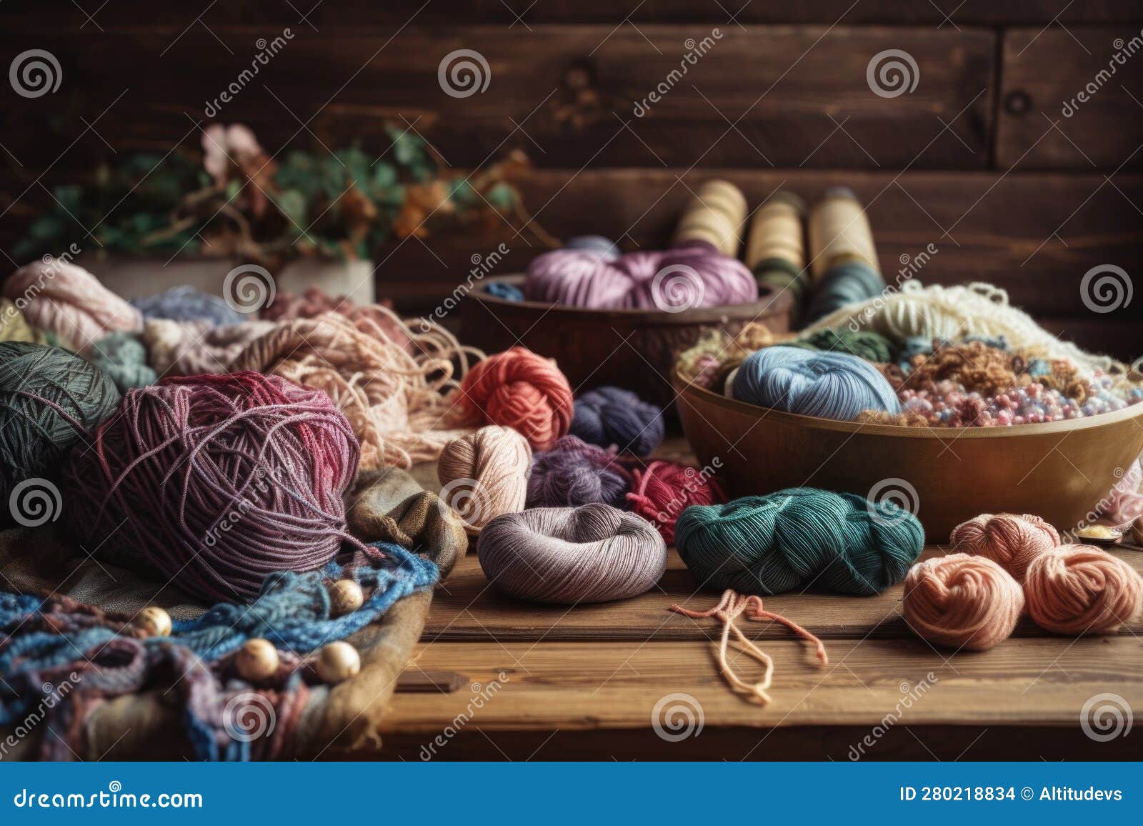 Textile Crafts Workshop, with Yarns and Tools Displayed on Wooden Table ...
