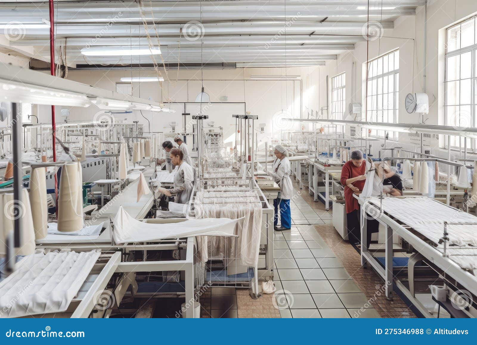 Textile Factory, with Employees Working on Various Stages of Production ...