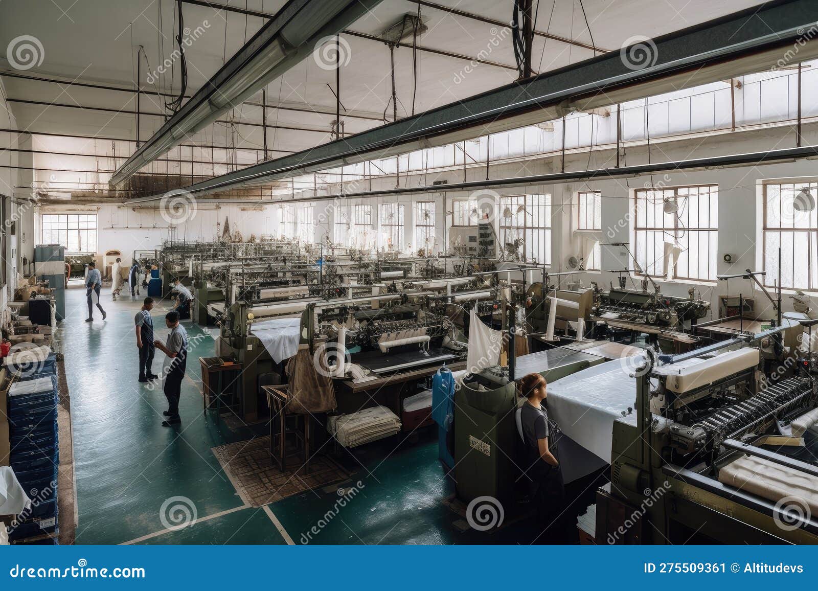 Textile Factory, with Machines and Workers Creating Fabric Stock Image ...