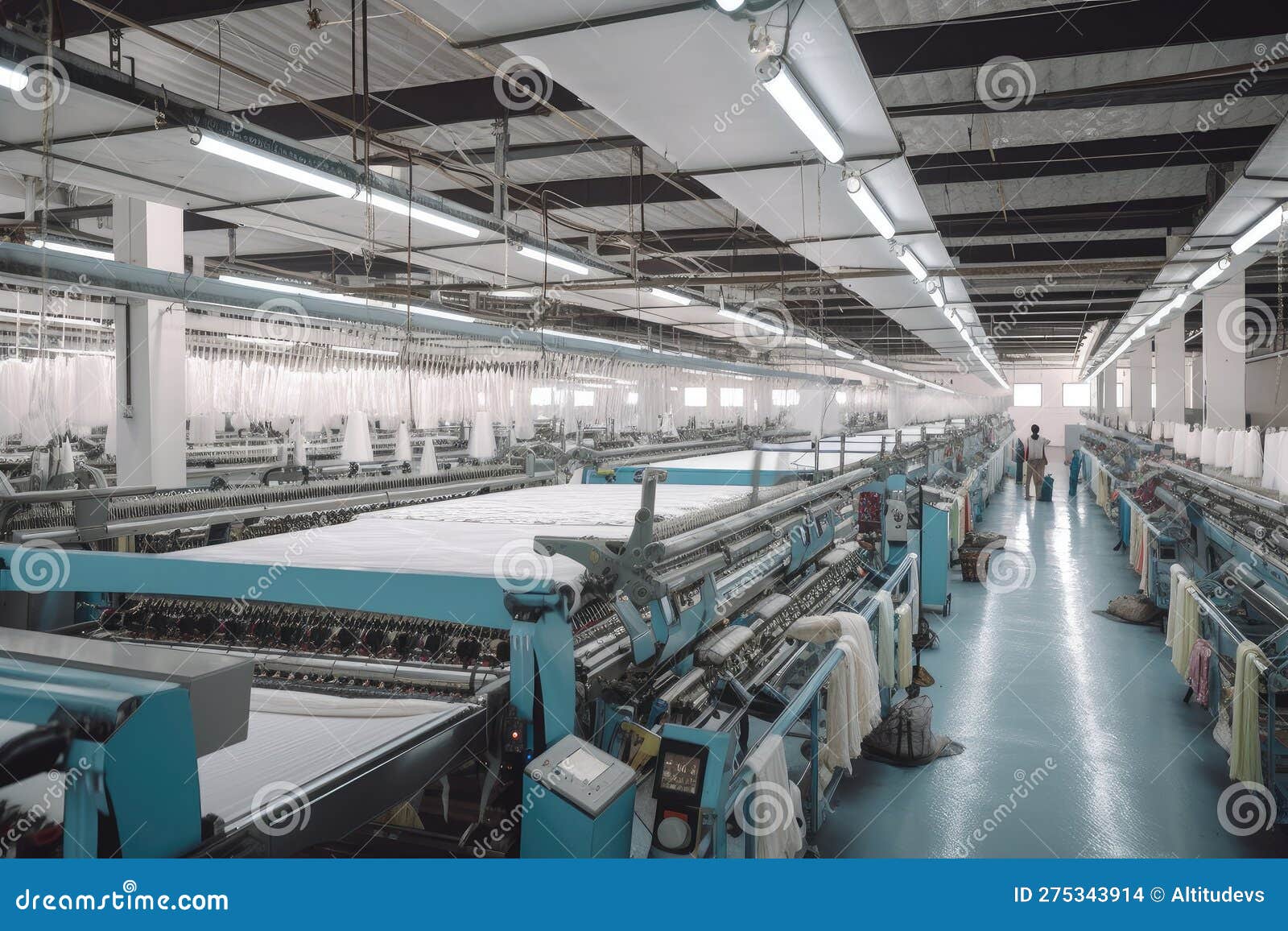 Textile Factory, with Machines and Workers Creating Various Fabrics ...