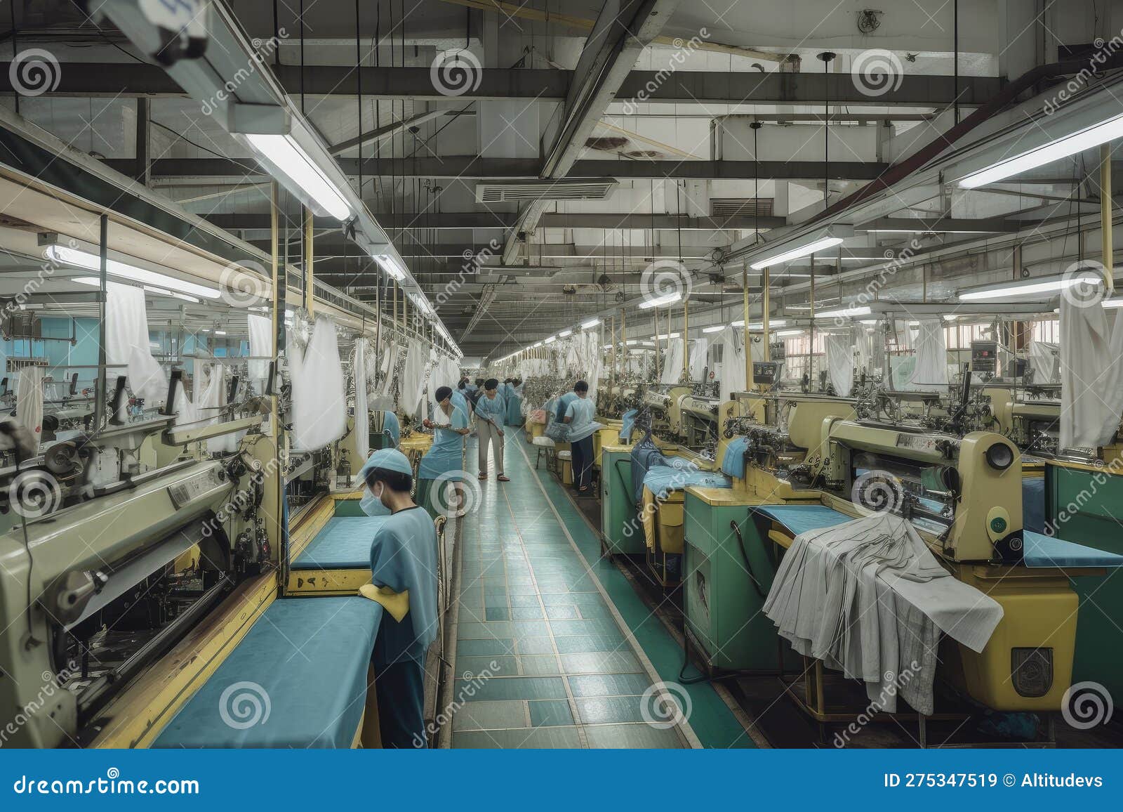 Textile Factory, with Machines and Workers Creating Various Fabrics ...