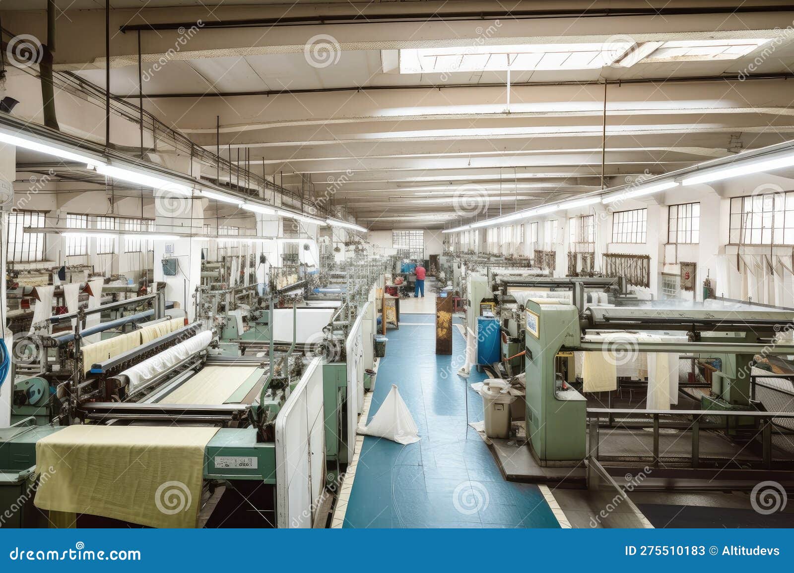 Textile Factory, with Machines and Workers Creating Various Fabrics ...