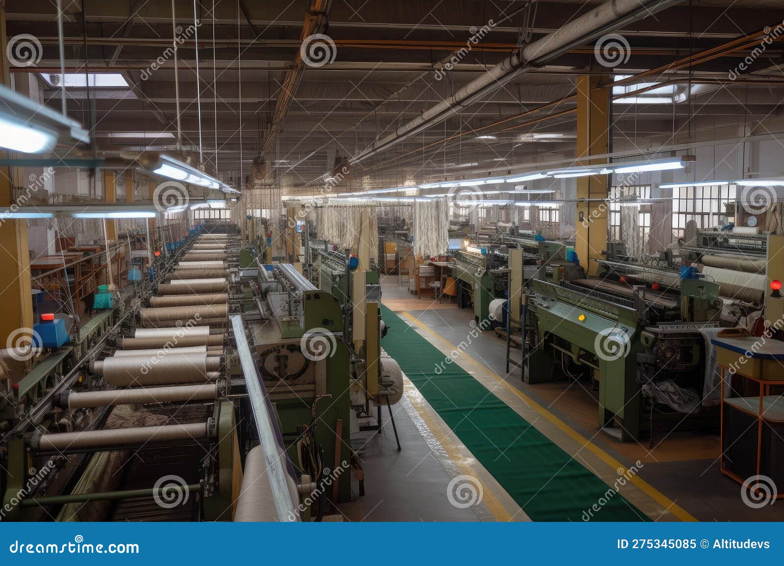 Textile Factory, with Machines and Workers Producing Various Fabrics ...