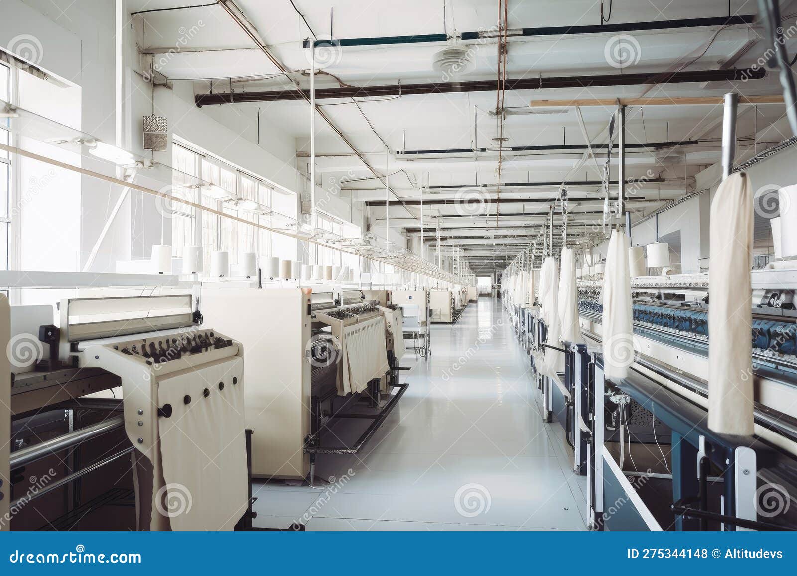 Textile Factory, with Racks of Fabric Rolls and Sewing Machines in ...