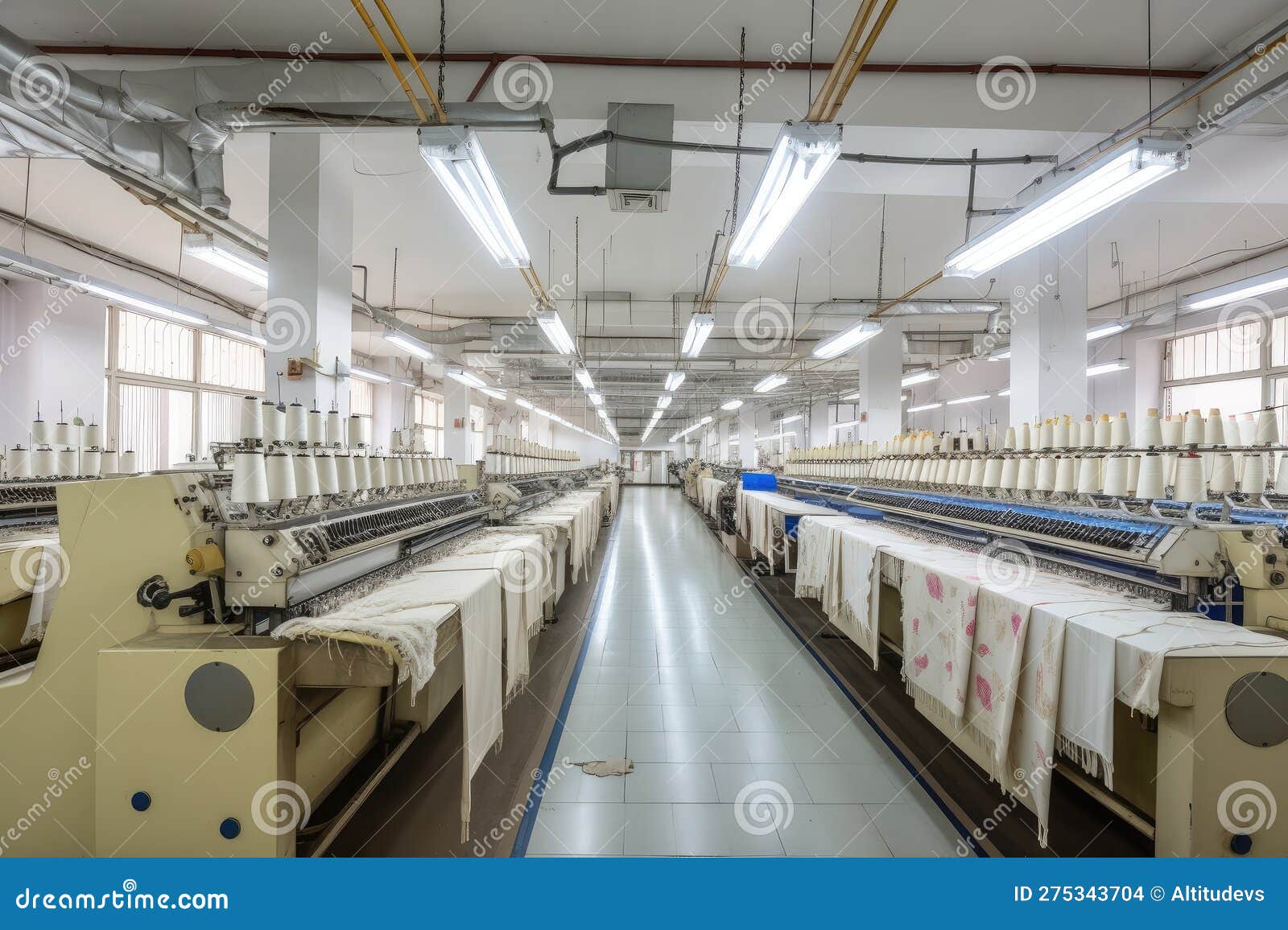 Textile Factory, with Rows of Machines Producing Fabric and Garments ...