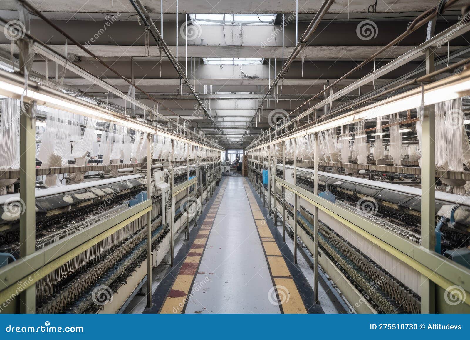 Textile Factory, with Rows of Machines Producing Fabric and Garments ...