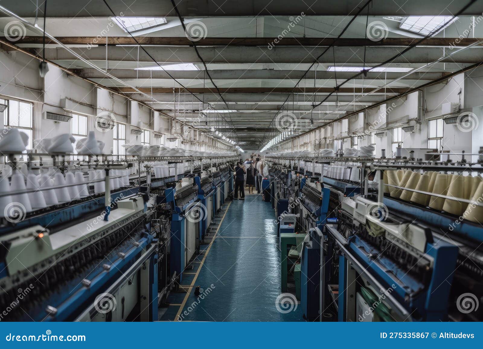 Textile Factory, with Rows of Machines and Workers Busy in the ...