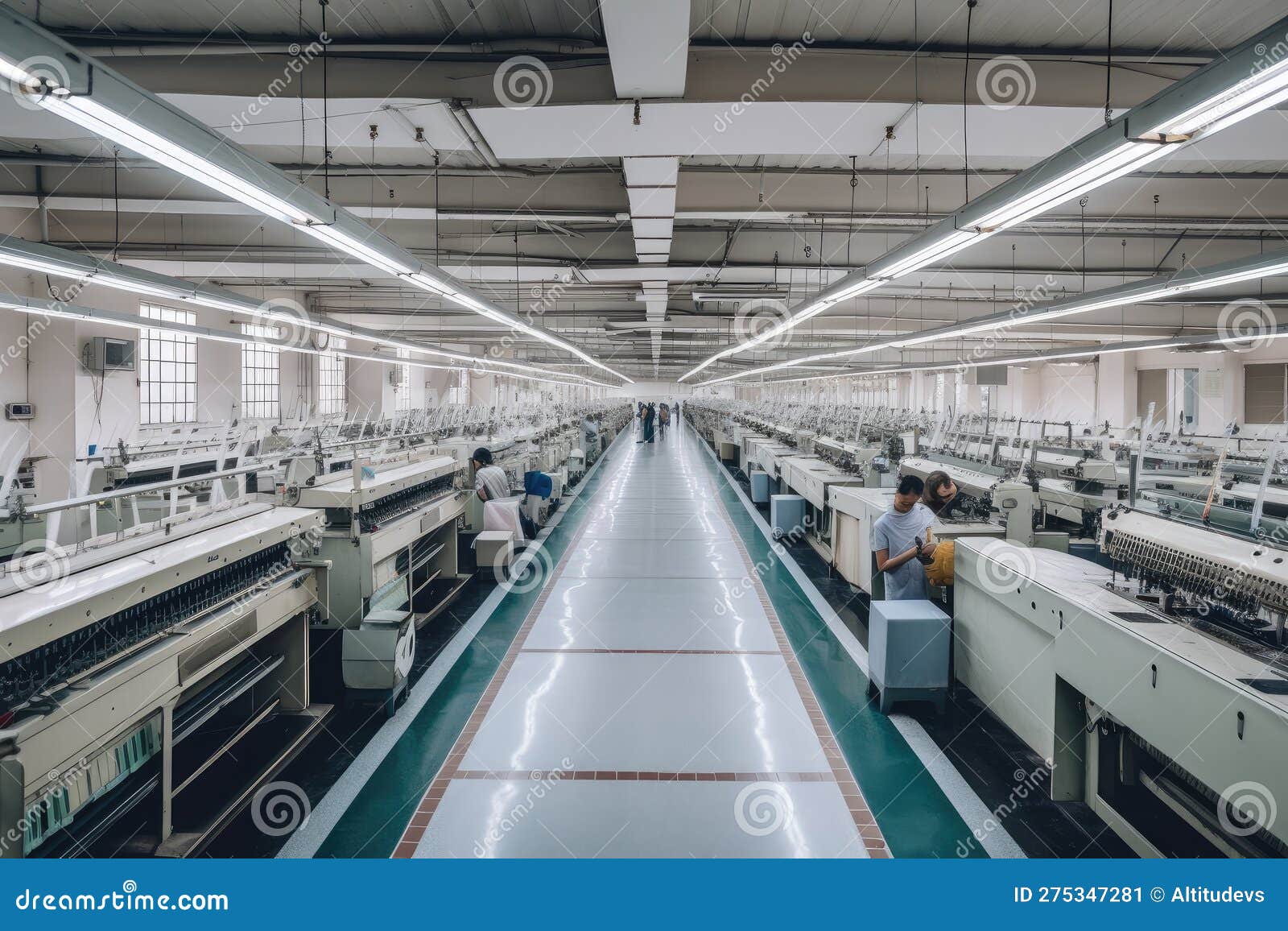 Textile Factory, with Rows of Machines and Workers Busy in the ...