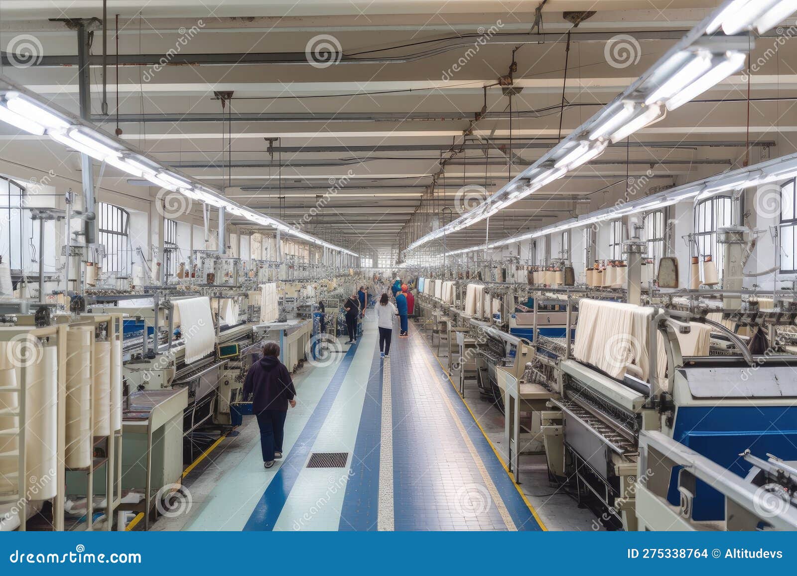 Textile Factory, with Rows of Machines and Workers Creating Fabrics ...