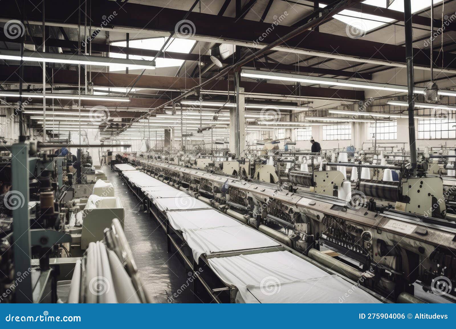 Textile Factory, with Rows of Machines and Workers Producing Fabric ...