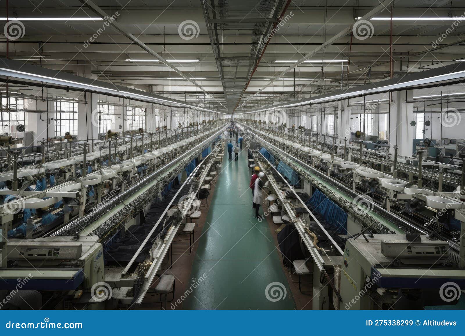 Textile Factory, with Rows of Machines and Workers Weaving Fabrics ...