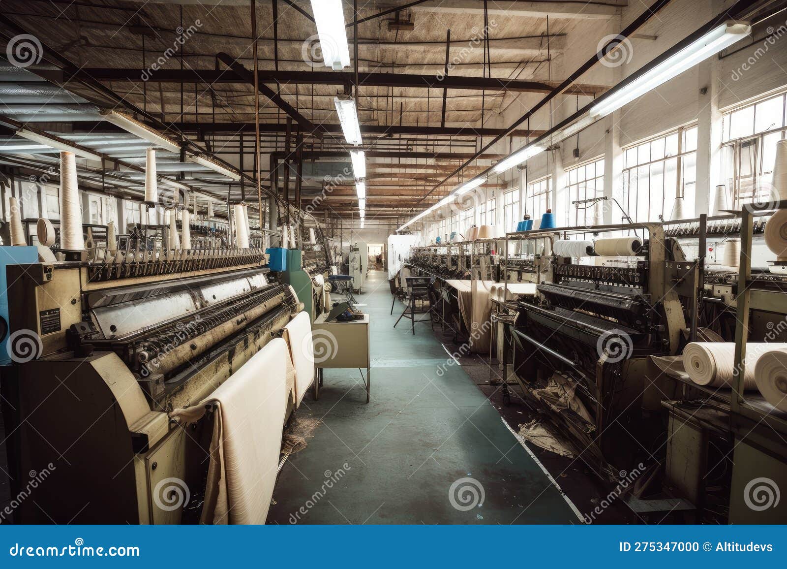 Textile Factory, with Rows of Machines and Workers Weaving Fabrics ...