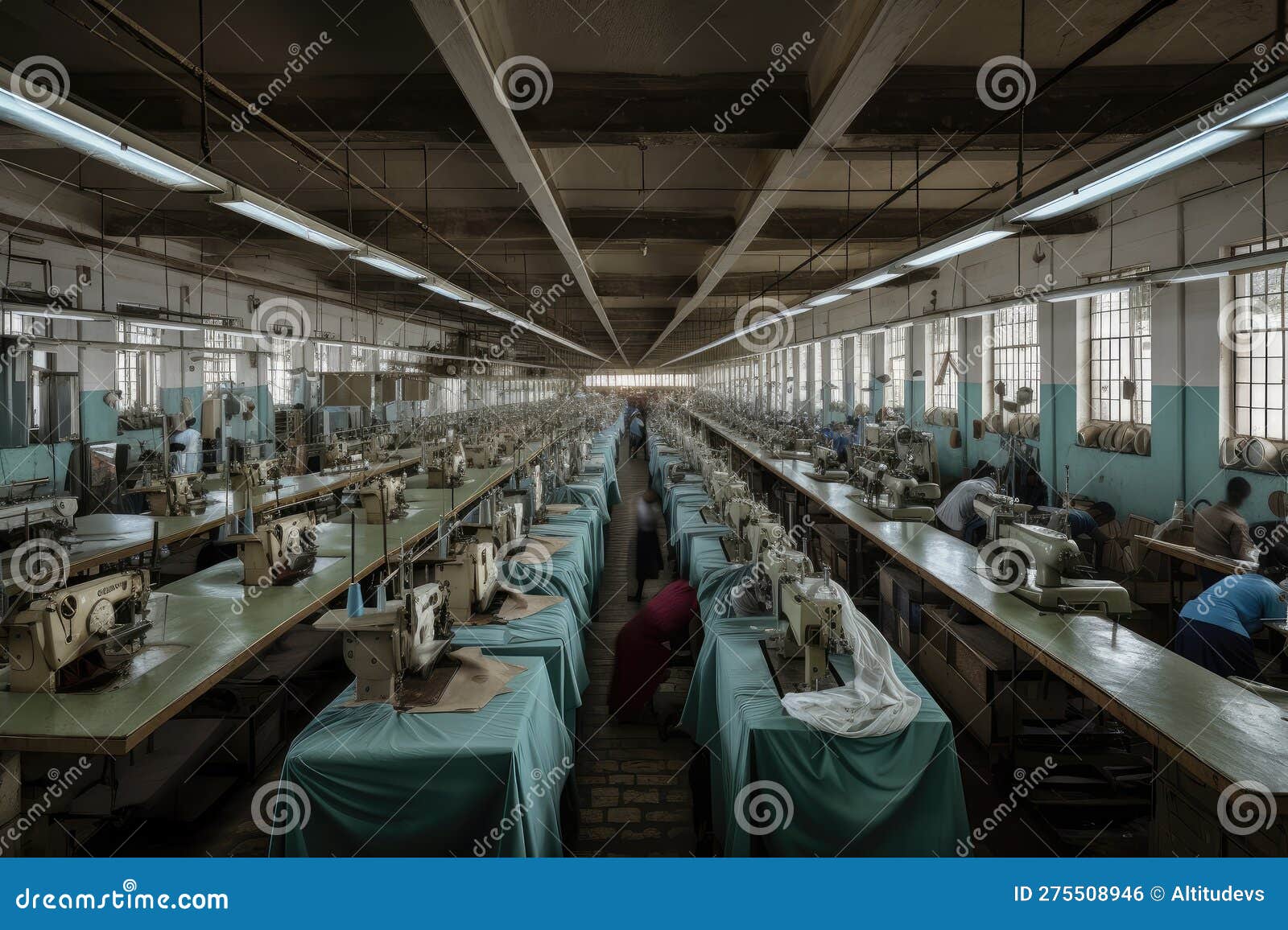 Textile Factory, with Rows of Sewing Machines and Workers Bustling ...