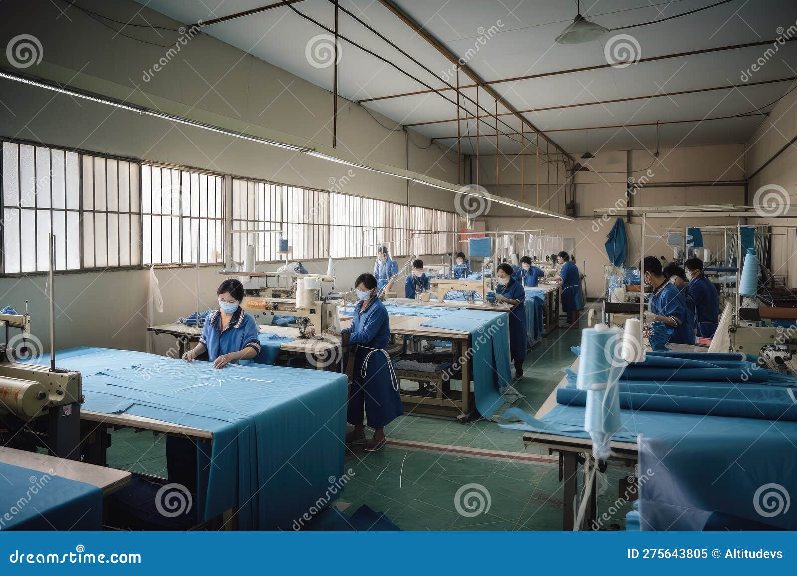 Textile Factory, with Workers Cutting, Sewing, and Packaging Fabrics ...