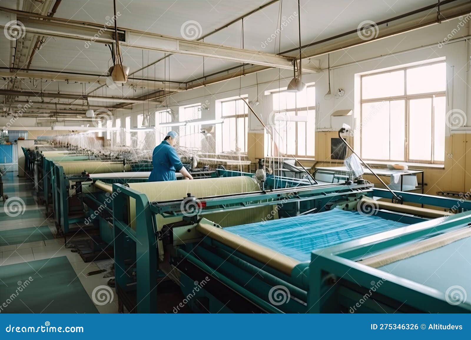 Textile Factory with Workers Operating Machinery, Producing High ...