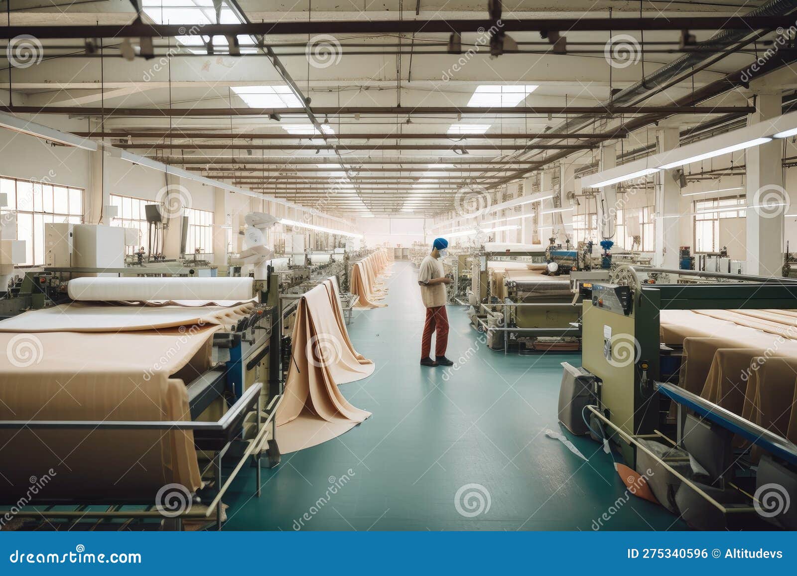 Textile Factory, with Workers Operating Machines and Producing Fabrics ...