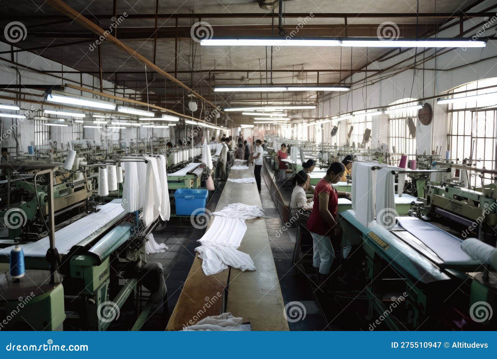 Textile Factory, with Workers Operating Machines and Producing Fabrics ...