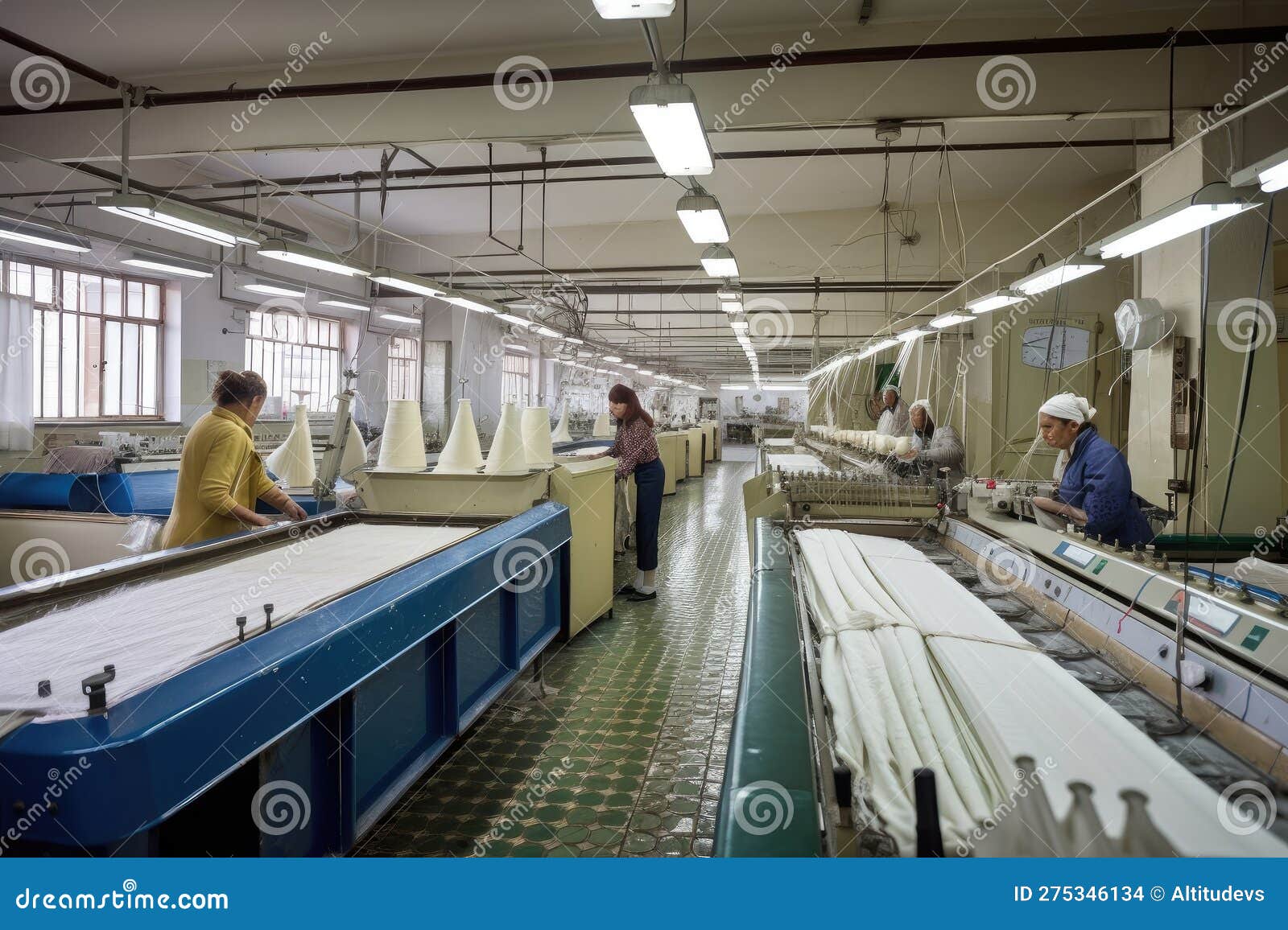 Textile Factory, with Workers Operating Machines To Create High-quality ...