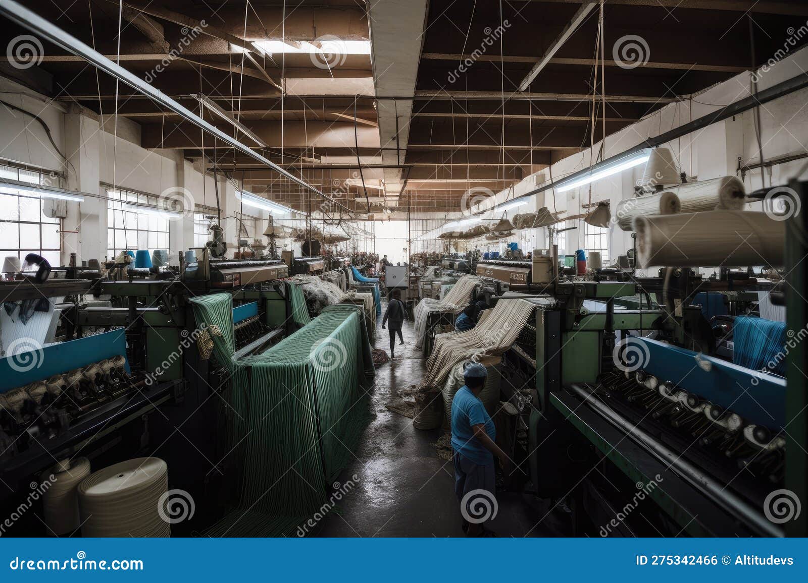 Textile Factory, with Workers Sitting at Their Machines, Producing ...
