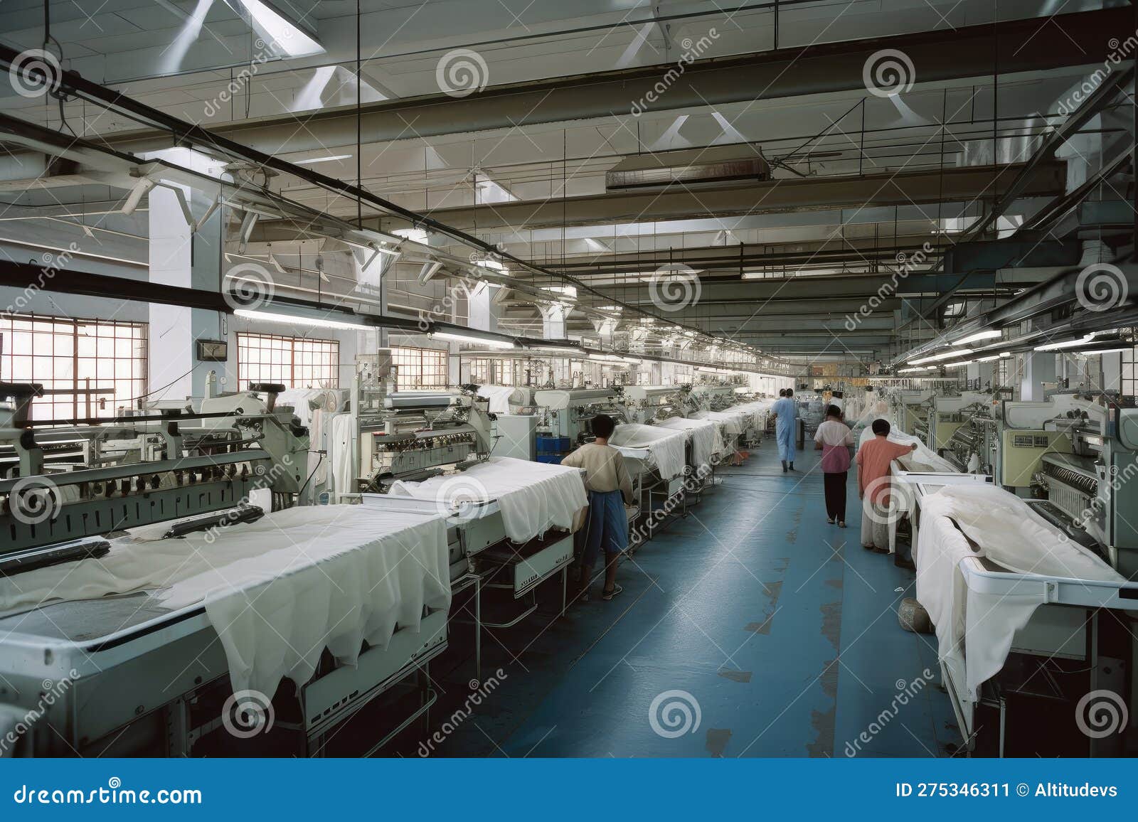 Textile Factory, with Workers Sitting at Their Machines, Producing ...