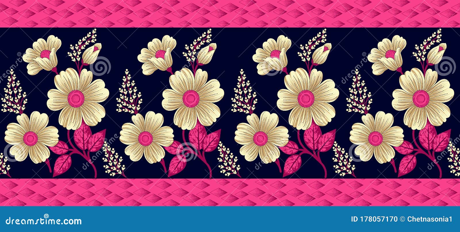 Textile Indian Floral Border Design Navy Background Stock Illustration ...
