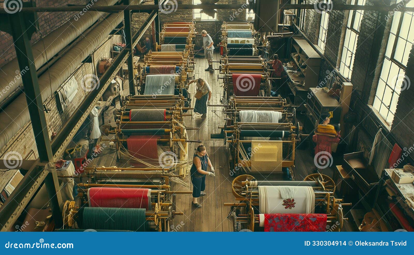 Textile Mill with Looms Weaving Fabric and Workers Sewing Garments ...