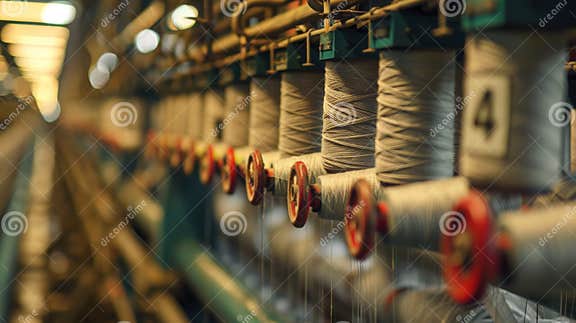 A Textile Mill with Rows of Spinning Machines Producing Rolls of Fabric ...