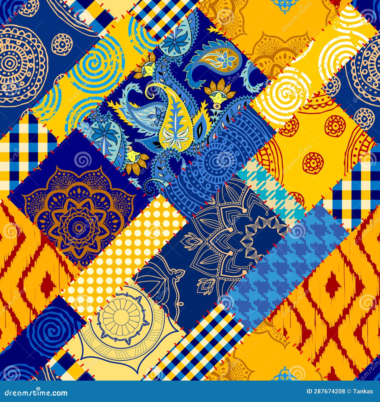 Textile Patchwork Pattern with Blue and Yellow Colors. Vector Image Stock Vector - Illustration ...