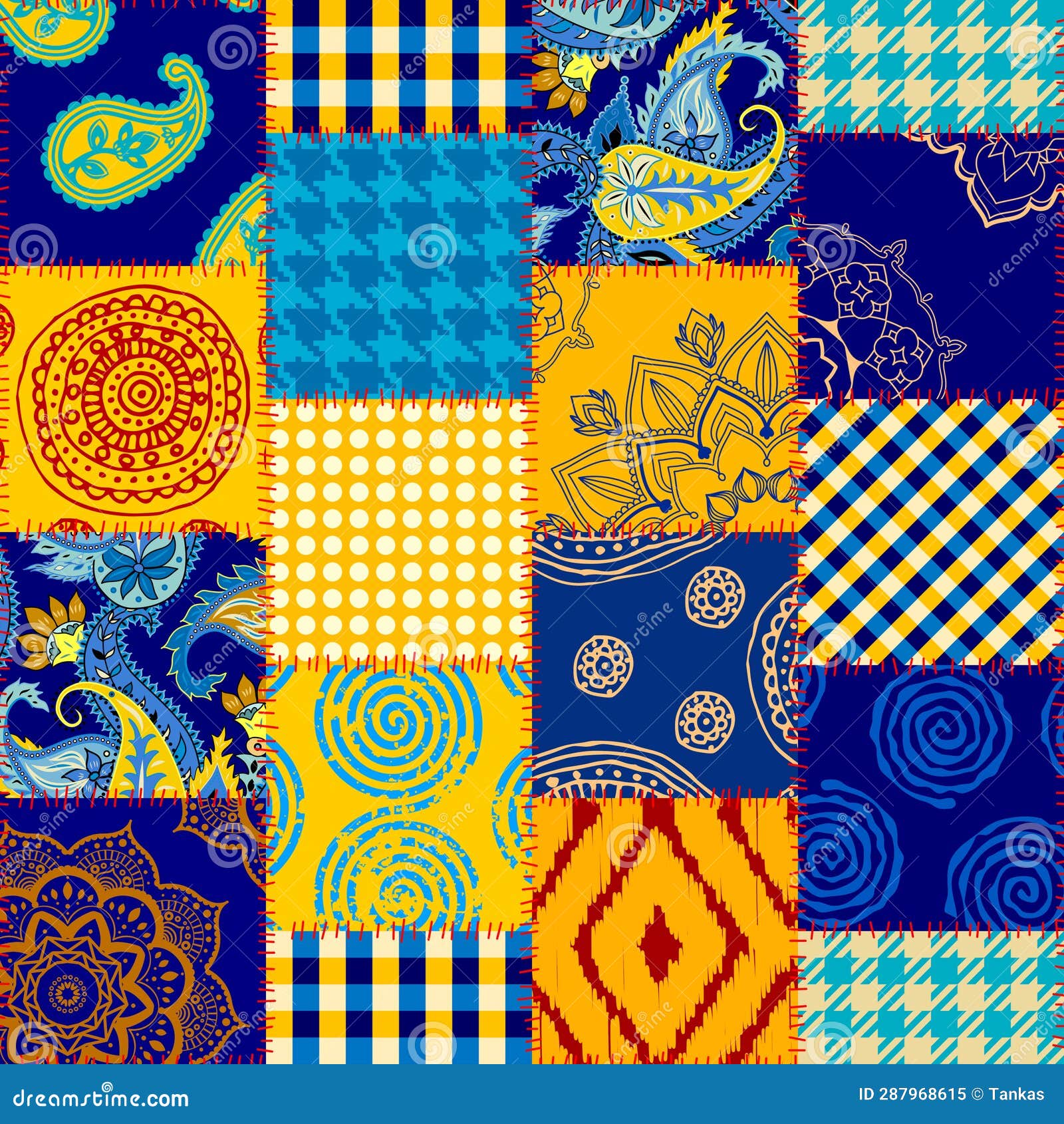 Textile Patchwork Pattern with Blue and Yellow Colors. Vector Image Stock Illustration ...