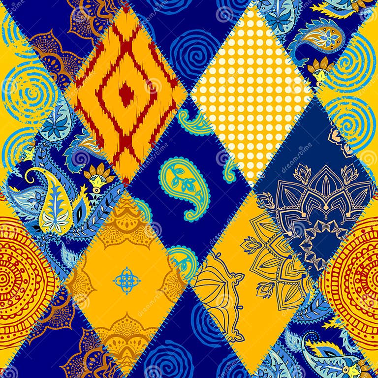 Textile Patchwork Pattern with Blue and Yellow Colors. Vector Image Stock Illustration ...
