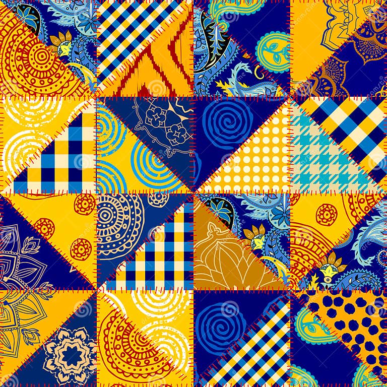 Textile Patchwork Pattern with Blue and Yellow Colors. Vector Image ...