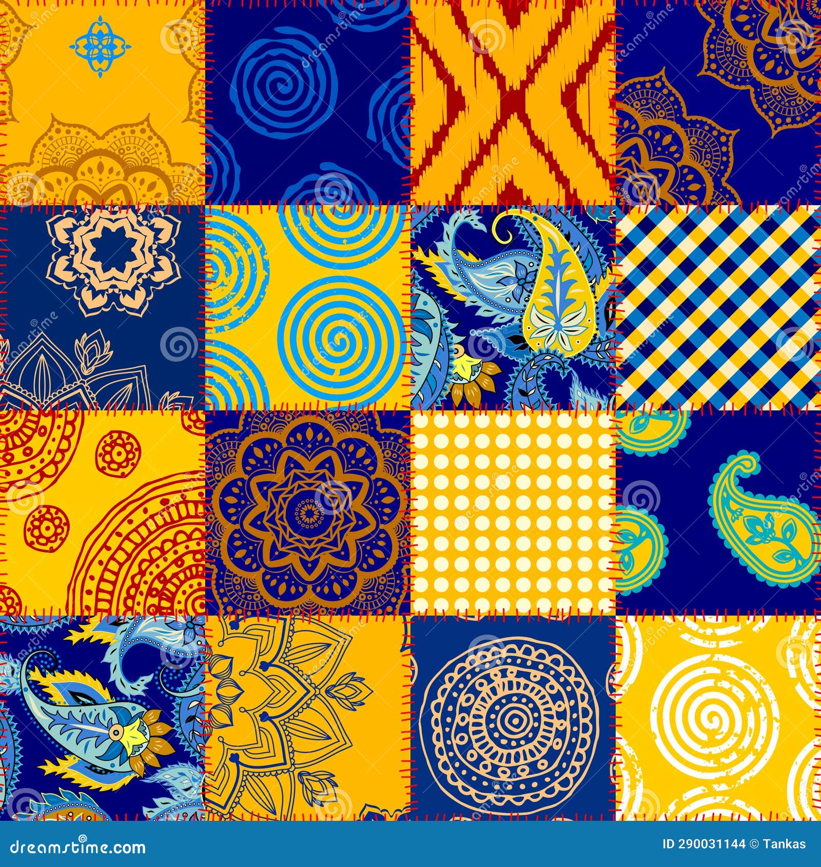 Textile Patchwork Pattern with Blue and Yellow Colors. Vector Image ...
