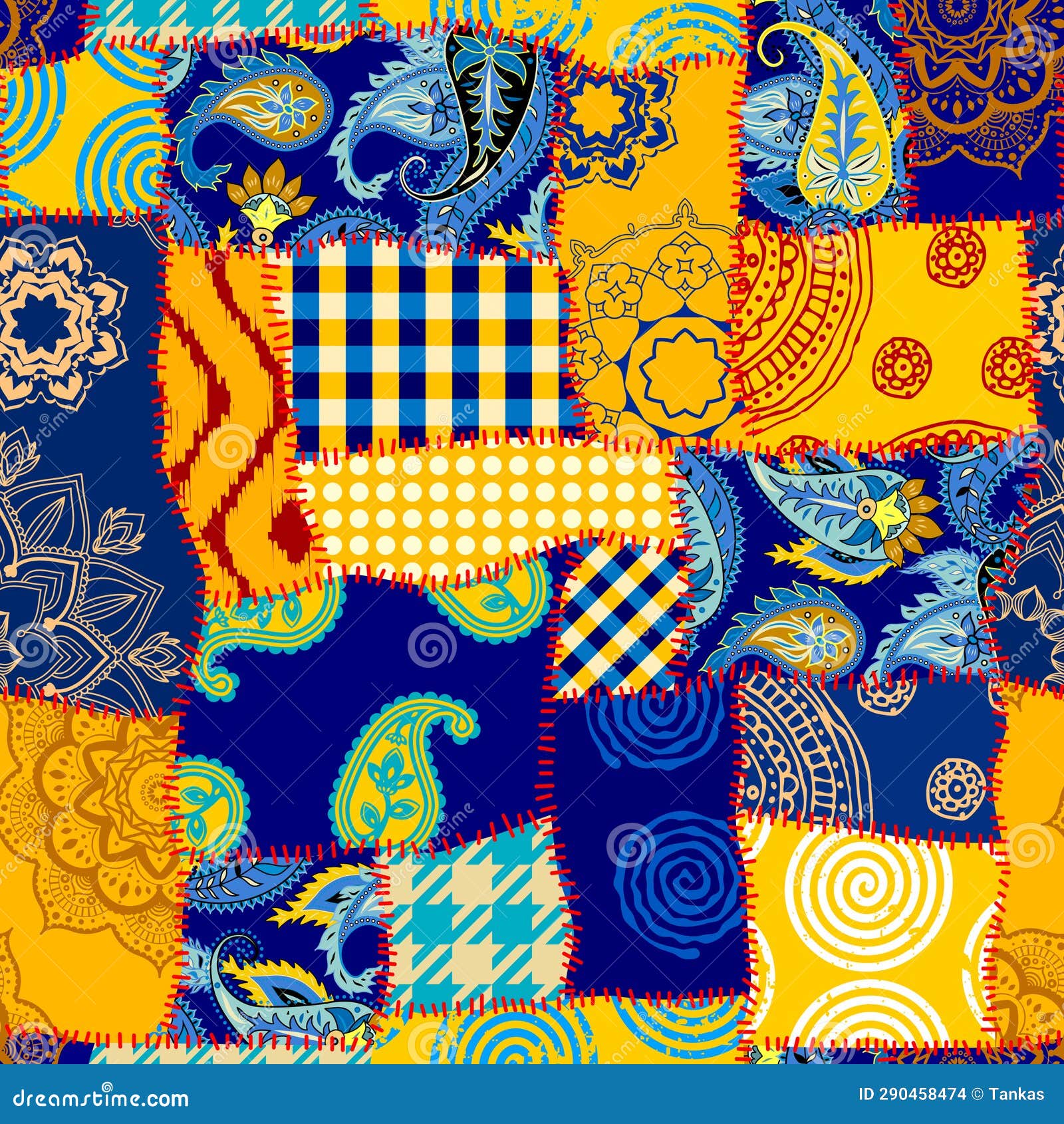 Textile Patchwork Pattern with Blue and Yellow Colors. Vector Image Stock Vector - Illustration ...