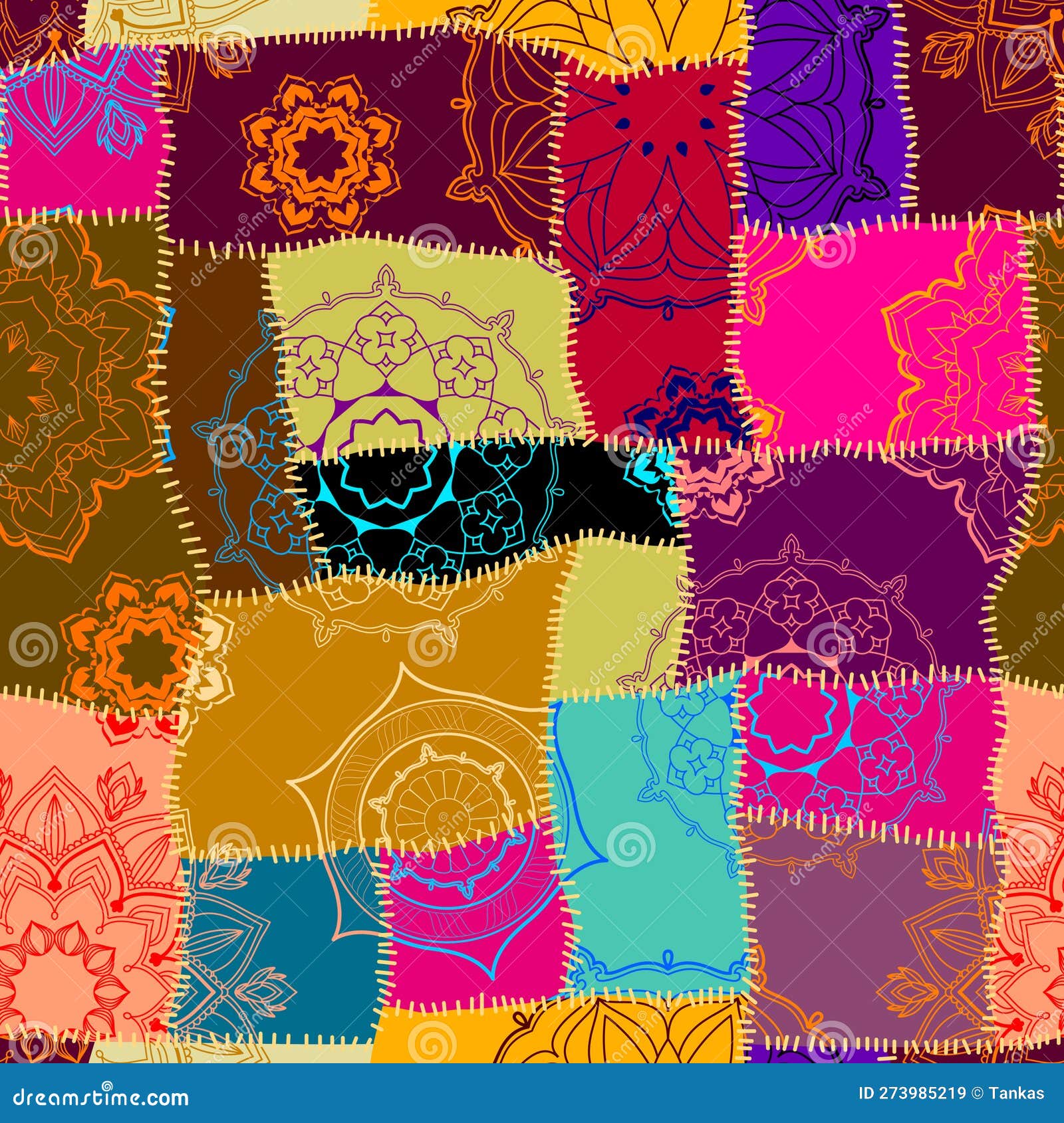 Textile Patchwork Pattern with Mandala Ornament. Vector Image Stock Vector - Illustration of ...