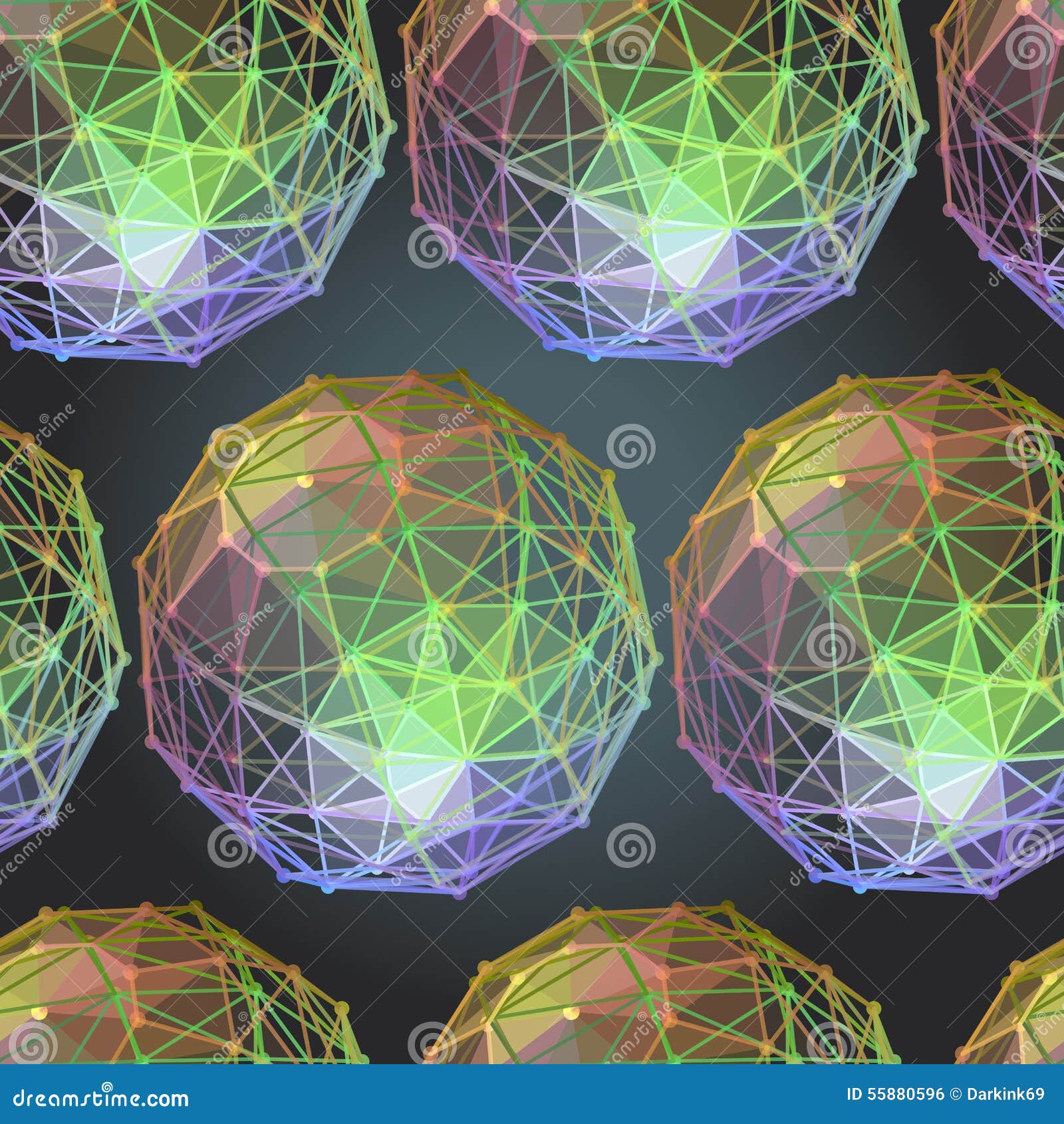 Textile Seamless Pattern of Spheres Polygonal Figures on Dark Stock ...