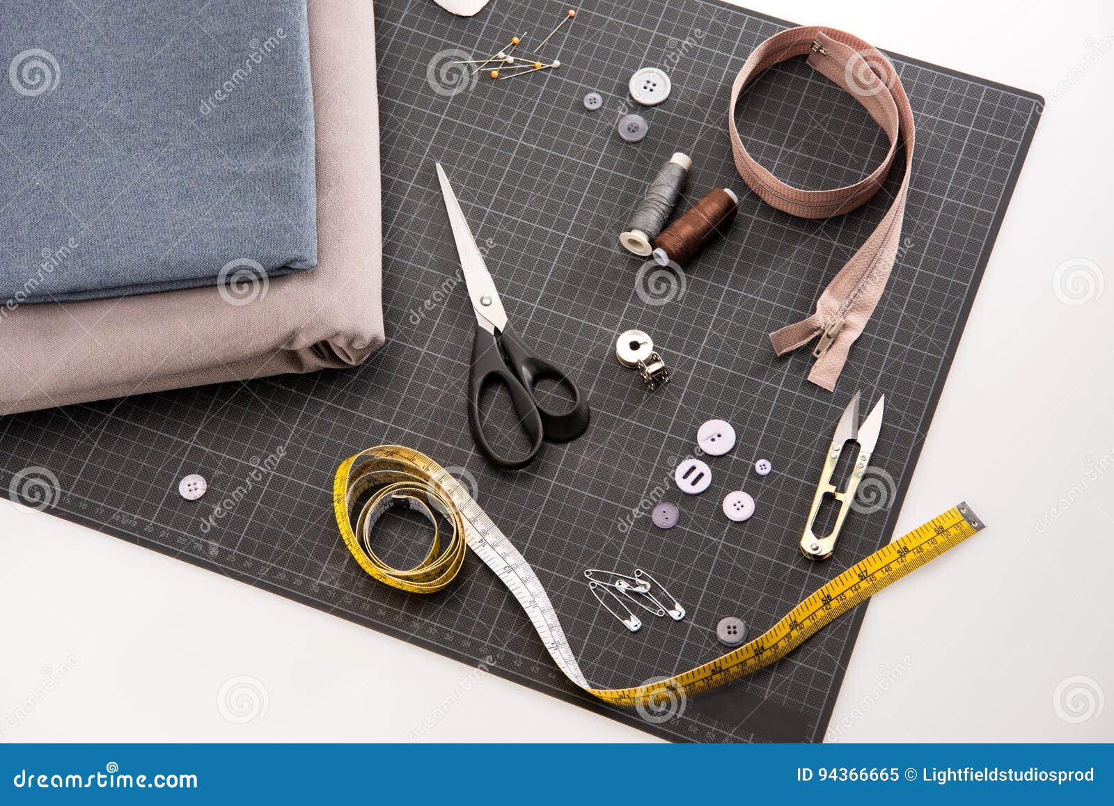 Textile and Set of Sewing Supplies Isolated on Grey Stock Image - Image ...