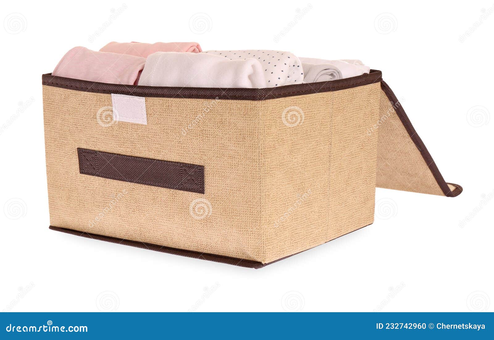 Textile Storage Case with Folded Clothes Isolated on White Stock Photo ...