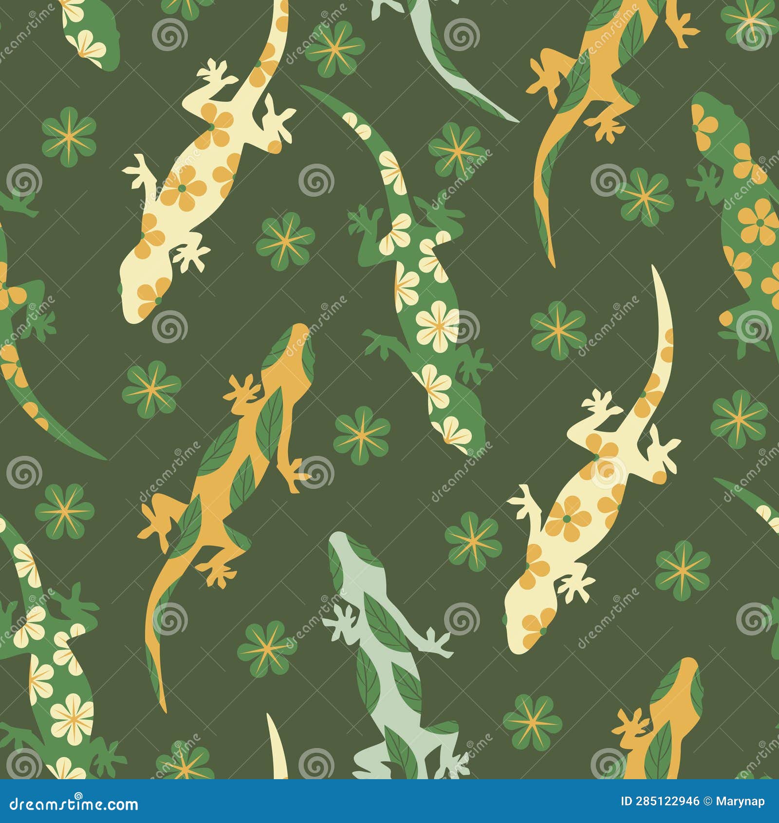 Vector Seamless Pattern with Ornate Lizards and Flowers. Stock Vector ...