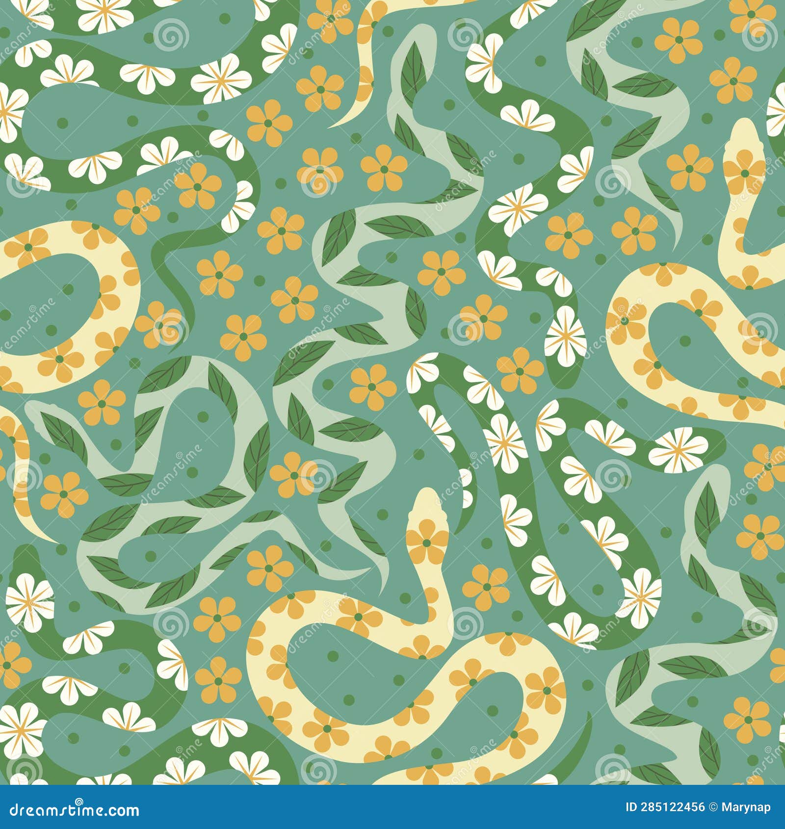 Vector Seamless Pattern with Ornate Snakes and Flowers. Stock ...