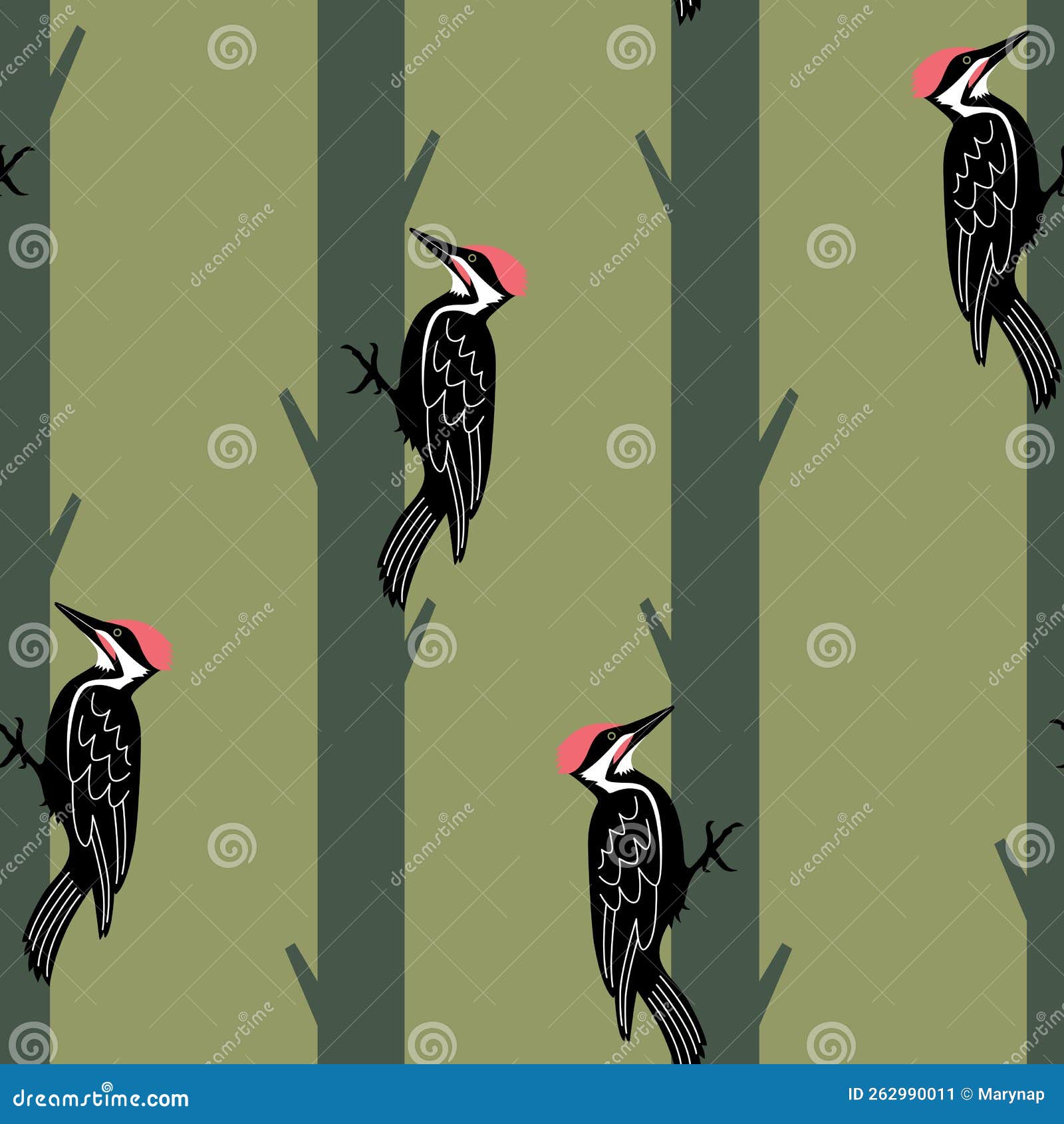 Vector Seamless Pattern with Woodpeckers on Trees in the Forest Stock ...